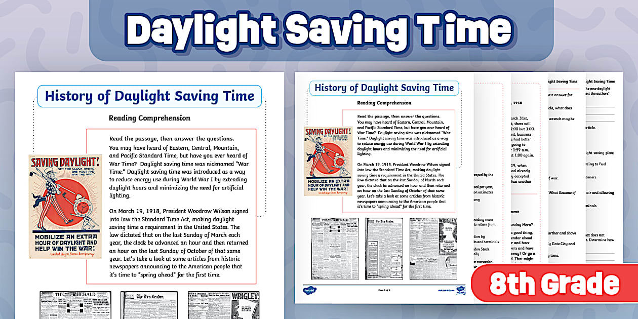 8th Grade Daylight Saving Comprehension Worksheet