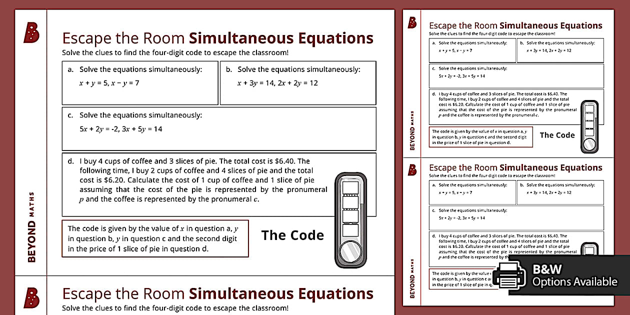 Escape the Room: Simultaneous Equations Exit Ticket - Twinkl