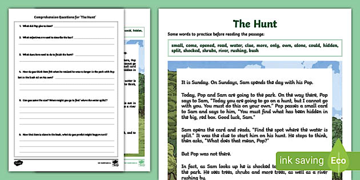 Decodable Text with Comprehension Questions - The Hunt
