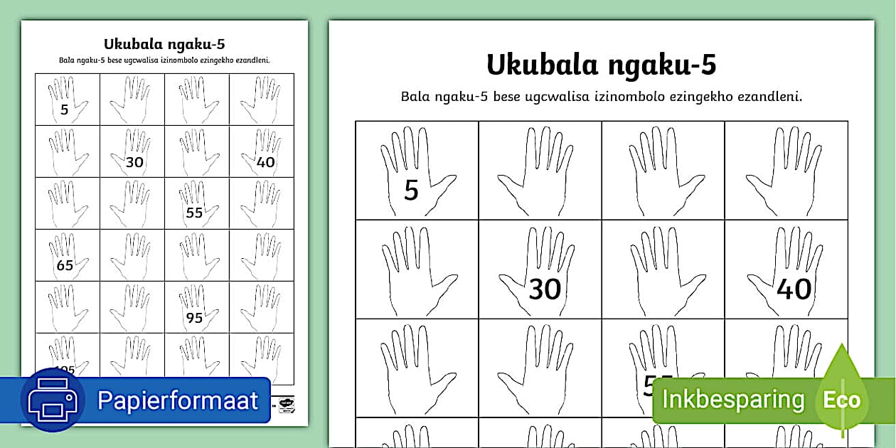 Counting in 5s hands worksheet - Ukubala ngokuyisi – 5 ishidi lokusebenza