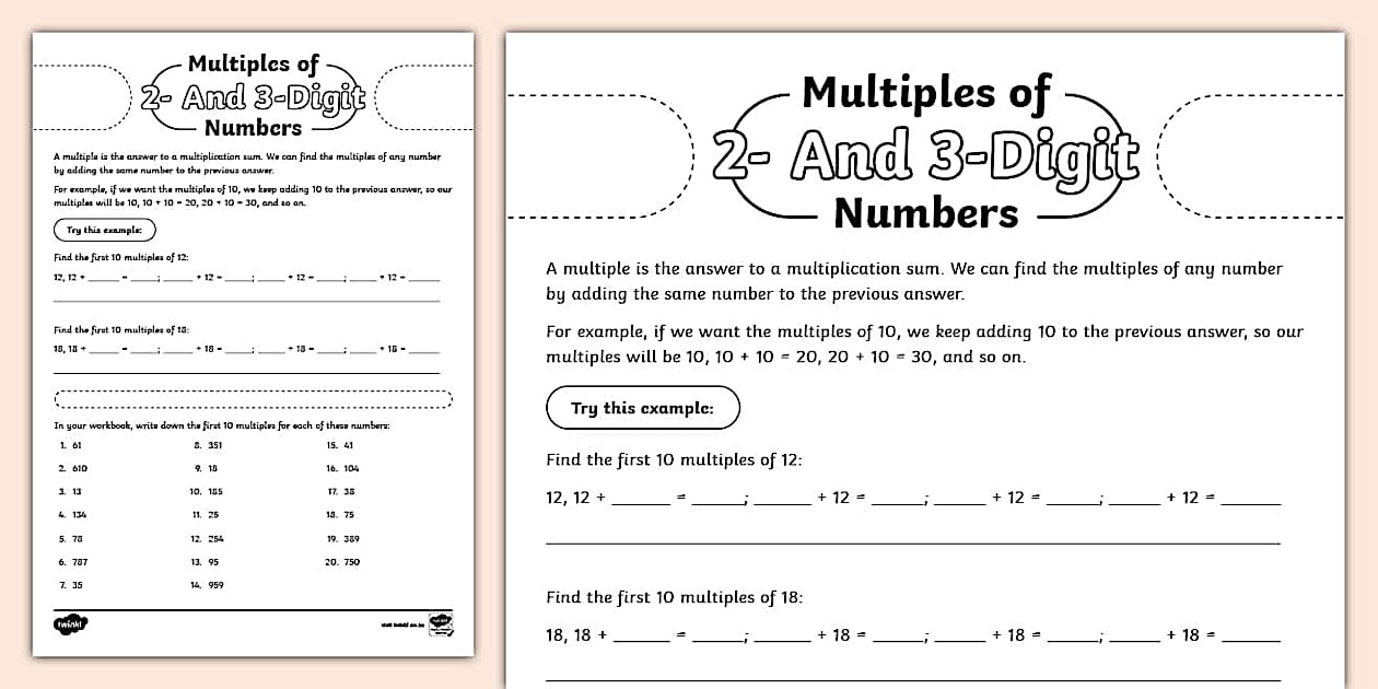 Multiples of 2- And 3-Digit Numbers Activity Sheet - Twinkl