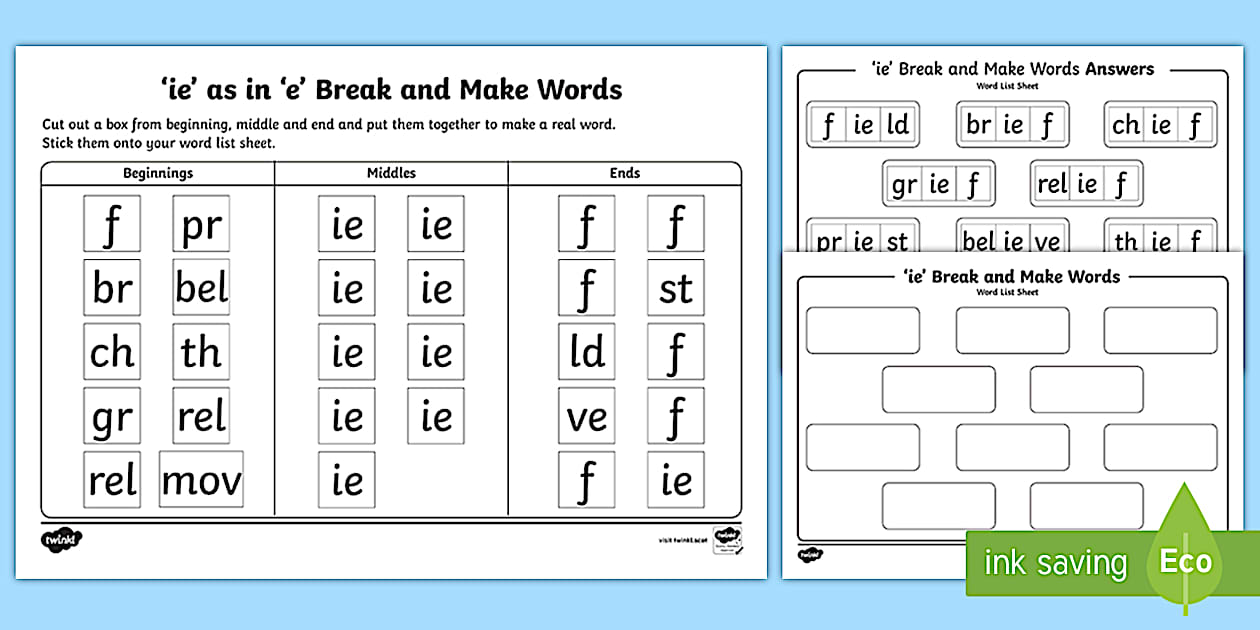 'ie' as in 'e' Sound Break and Make Worksheet (teacher made)