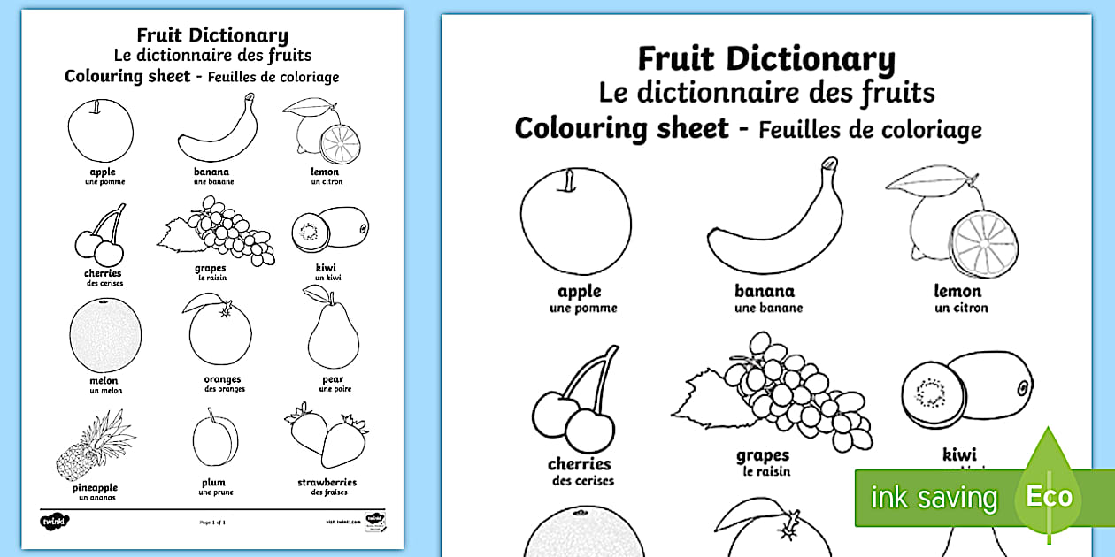 Fruit Dictionary Colouring Page English/French - Fruit Dictionary Colouring