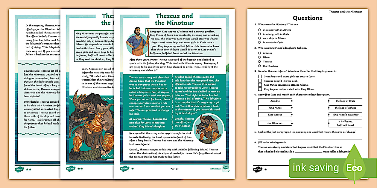 LKS2 Theseus and the Minotaur Reading Comprehension Activity