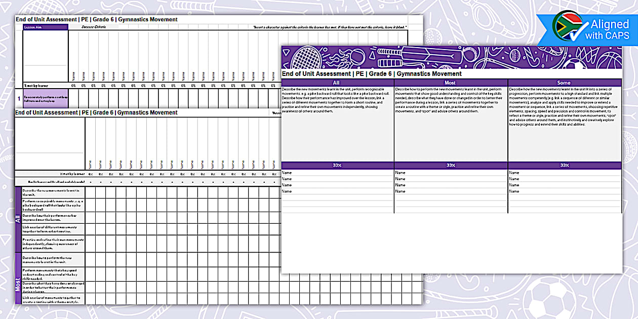 Grade 6 Fitness Gymnastics Movement Assessment Spreadsheet