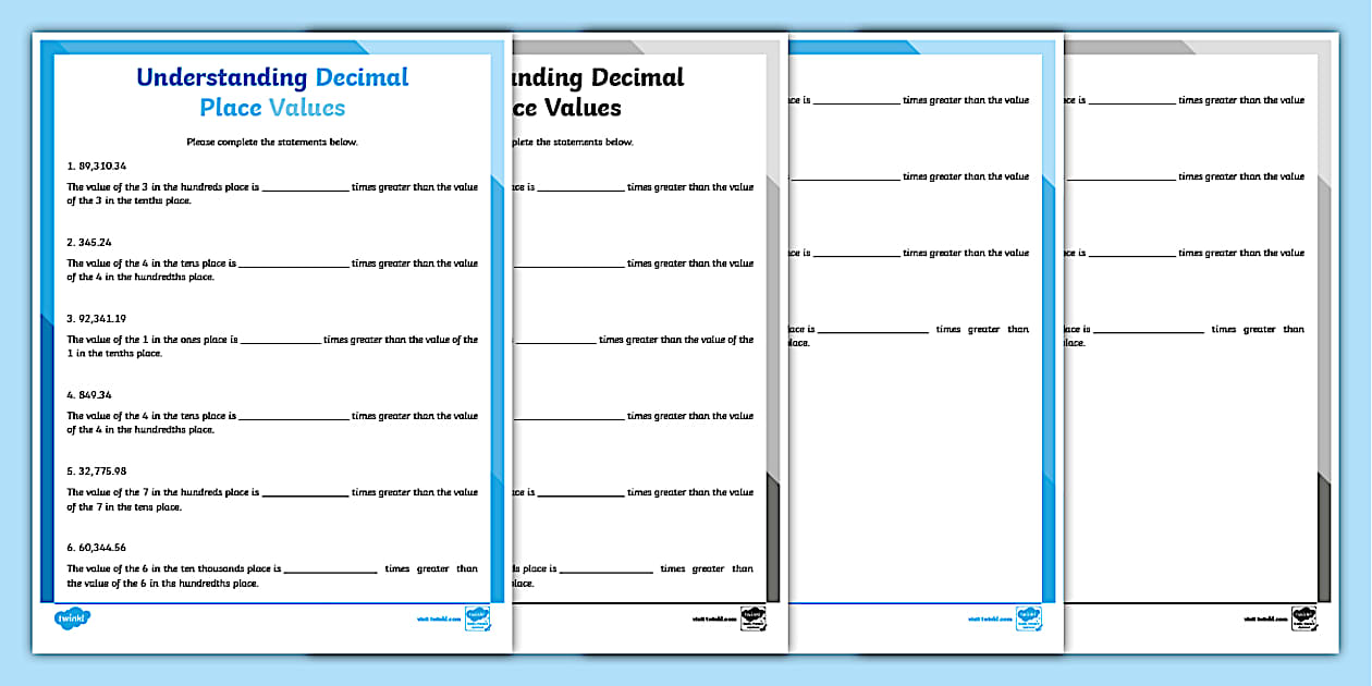 Understanding Decimal Place Value Worksheet - Twinkl