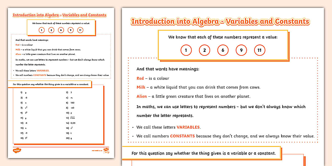 Introduction to Algebra – Variables and Constants - Twinkl
