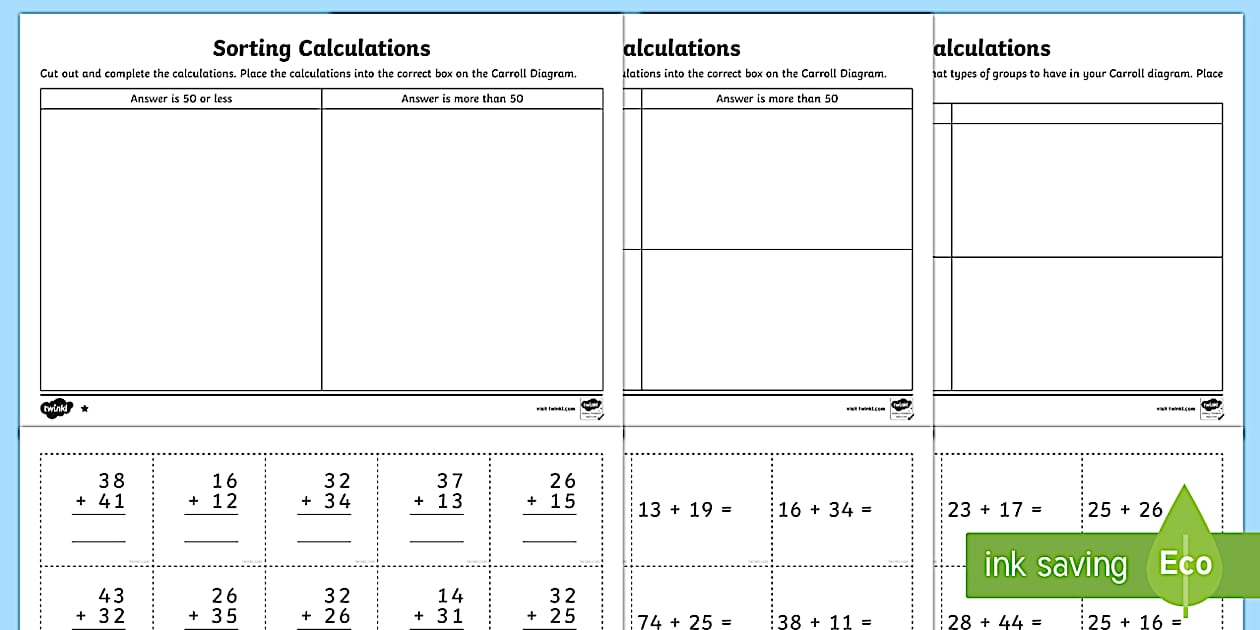 Higher Ability Sorting Addition Calculations Differentiated Worksheets
