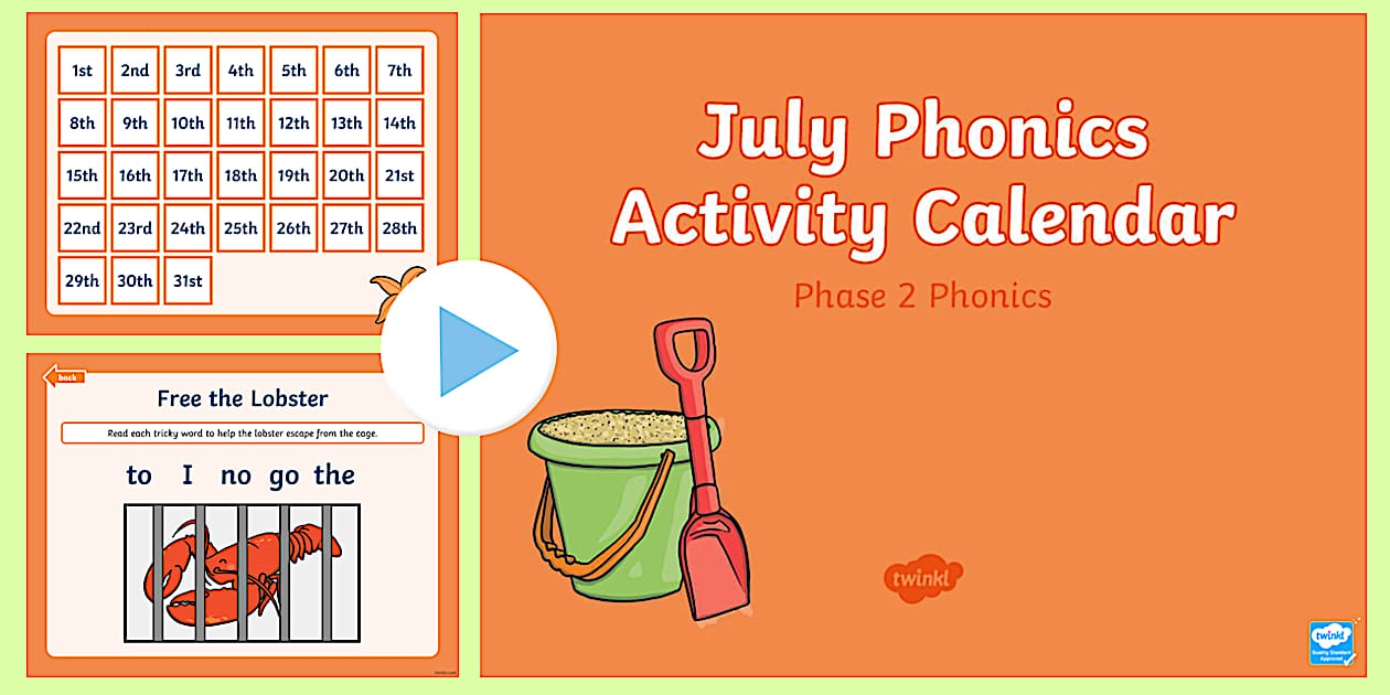 Phase 2 July Phonics Activity Calendar PowerPoint - Twinkl