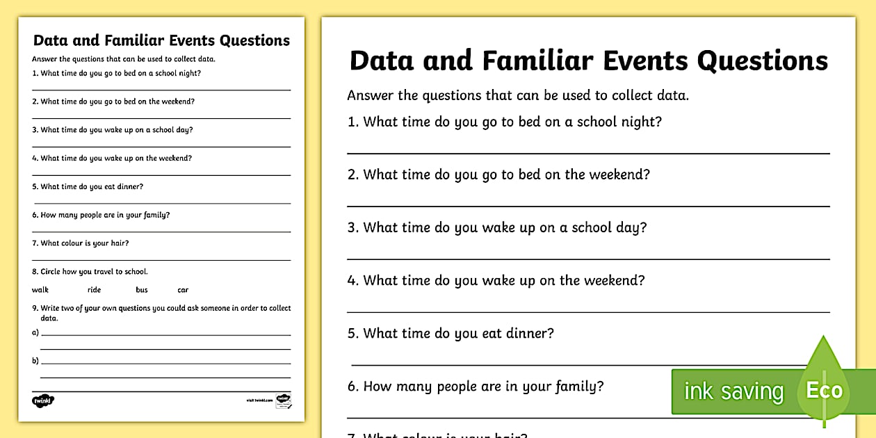 SA Data and Familiar Events Questions Worksheet - Twinkl