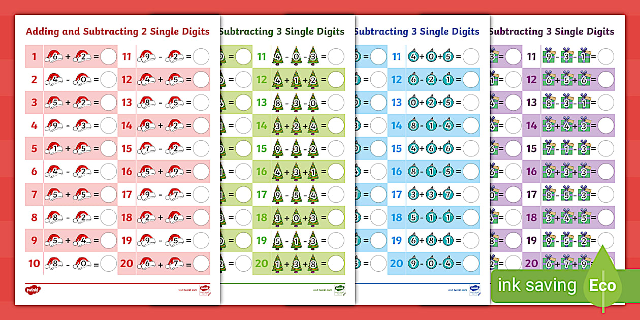 Christmas Adding and Subtracting Single Digits - Twinkl