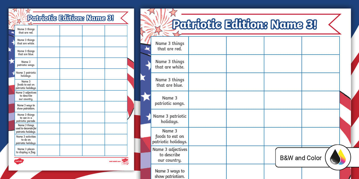 Patriotic Edition: Name 3 Game for 3rd-5th Grade - Twinkl