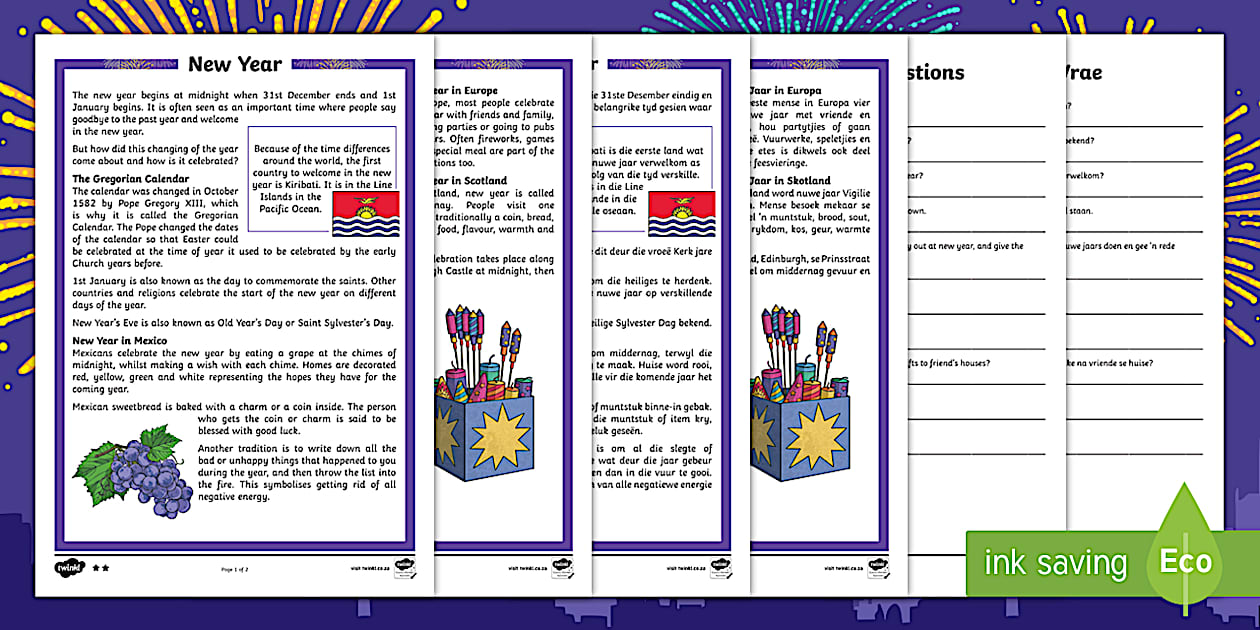 New Year Differentiated Reading Comprehension Activity English/Afrikaans