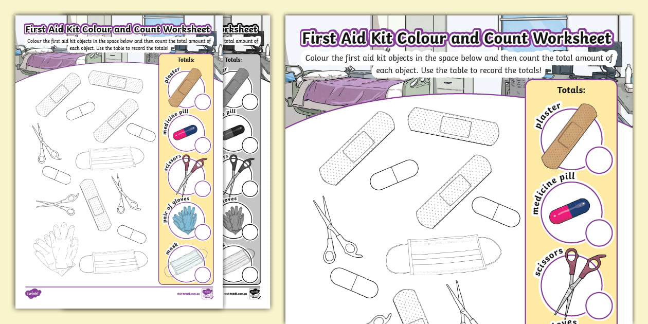 First Aid Kit Colour and Count Worksheet (Teacher-Made)