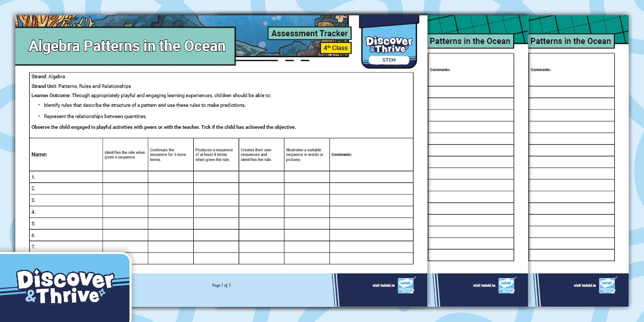 Algebra Patterns in the Ocean Assessment Tracker - Twinkl