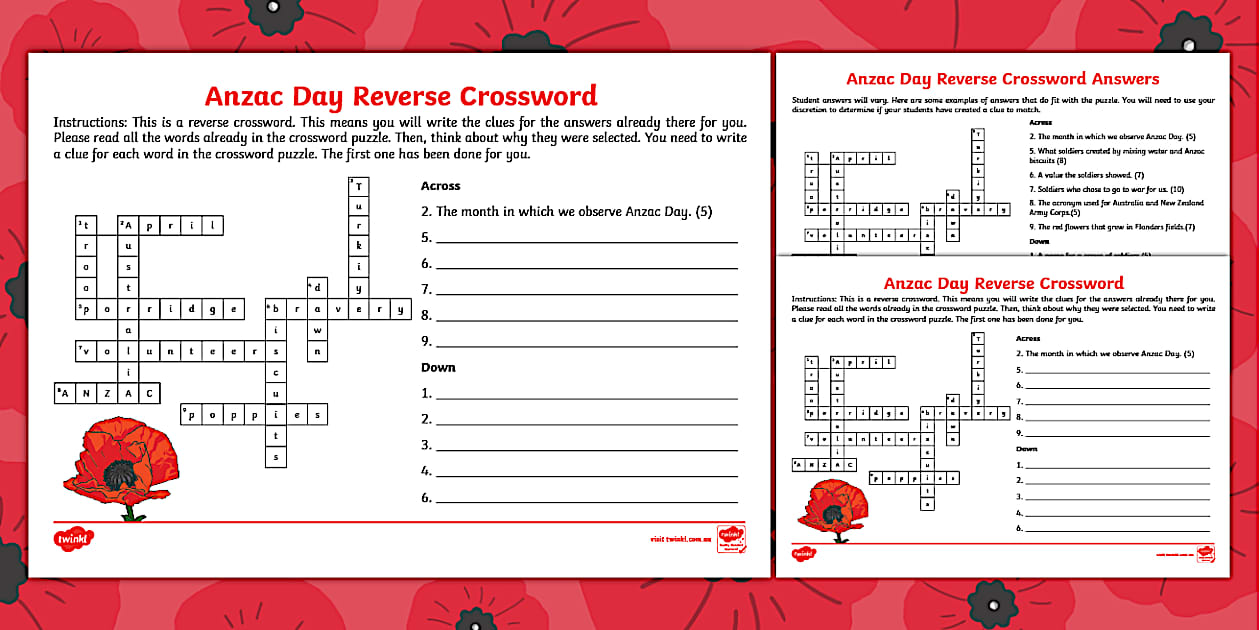 Anzac Day Reverse Crossword (teacher made) - Twinkl