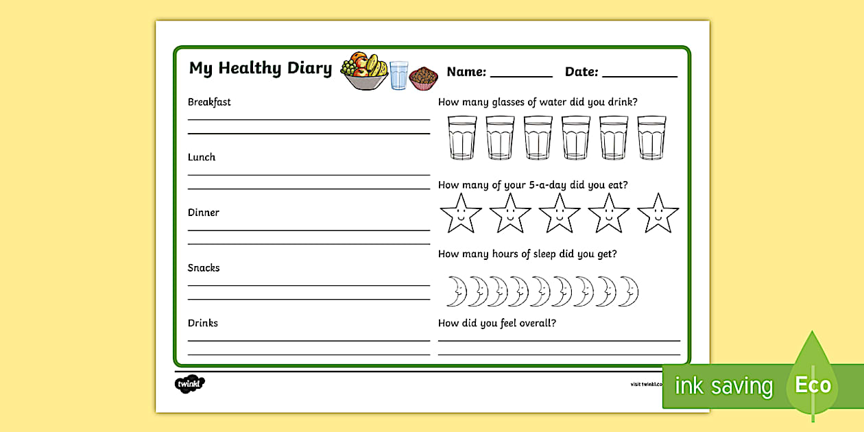 Black and White Healthy Living Diary Record Sheet - Twinkl