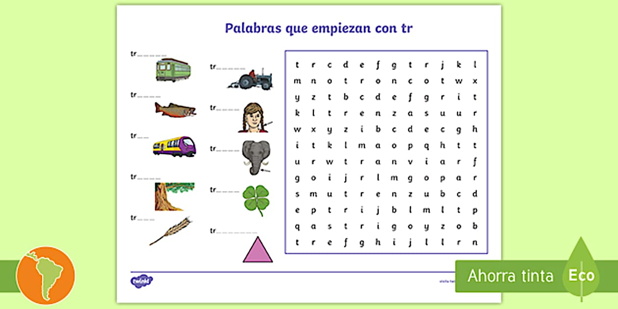 Sopa de letras: Palabras con TR- Guía de trabajo - Twinkl