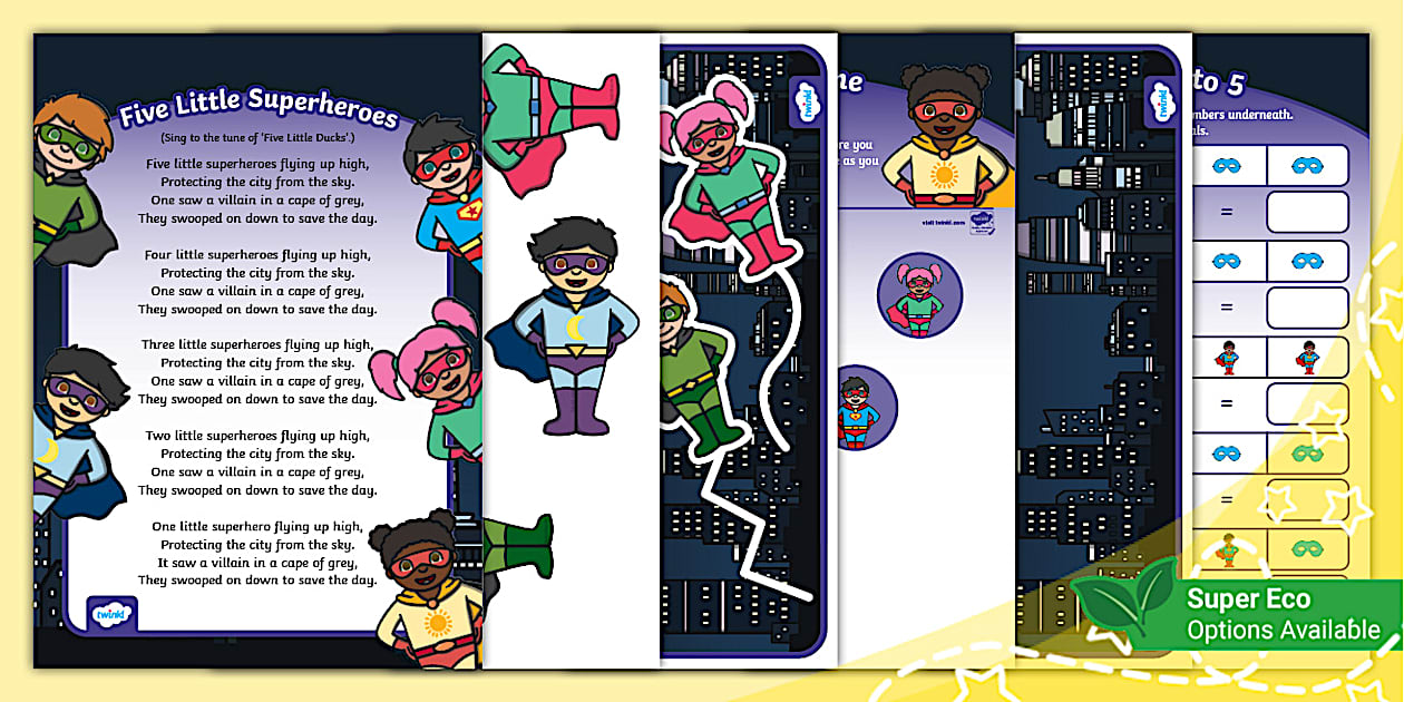 Five Little Superheroes Counting Song Pack Teacher Made