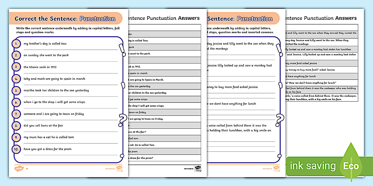 Correct the Sentence Punctuation Worksheets | 1st/2nd Class