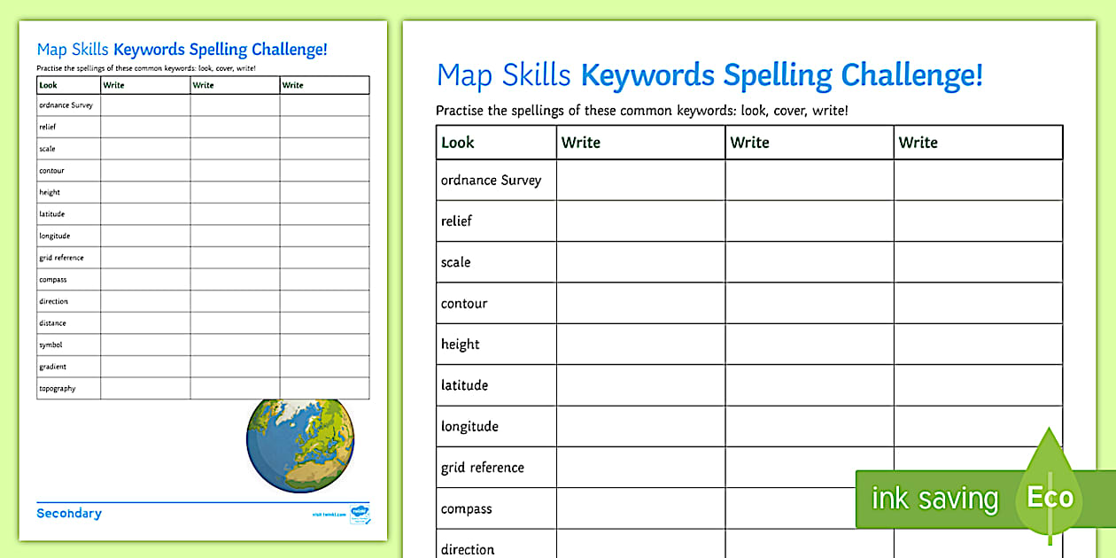 Map Skills Keywords Spelling Challenge Worksheet / Worksheet