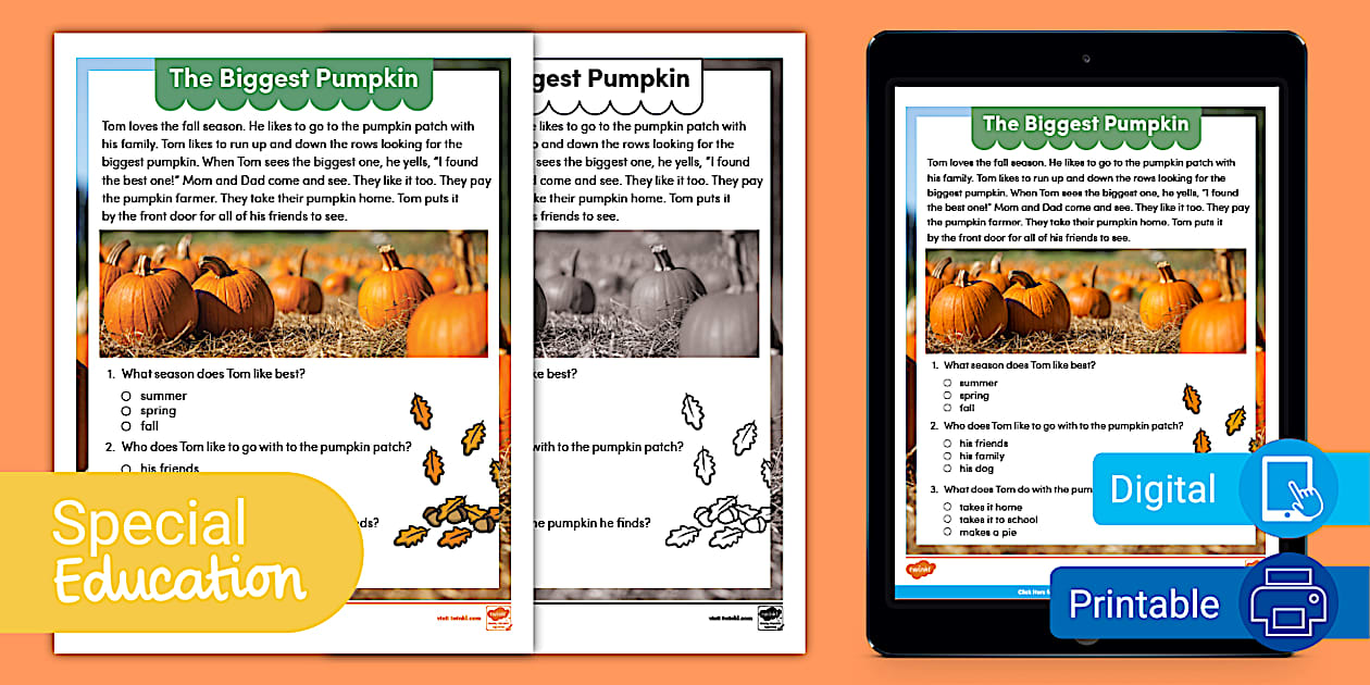 The Biggest Pumpkin Reading Passage Comprehension Worksheet