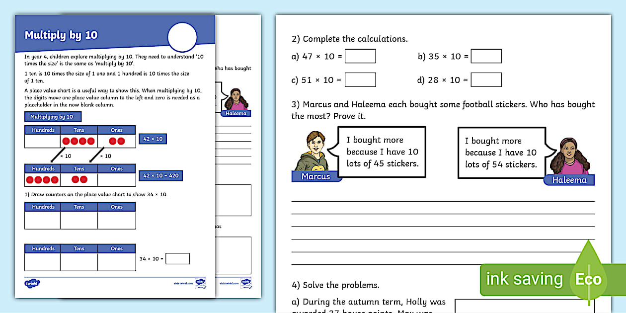 👉 Y4 Maths Practise Key Skills: Multiply by 10 Activity Sheet