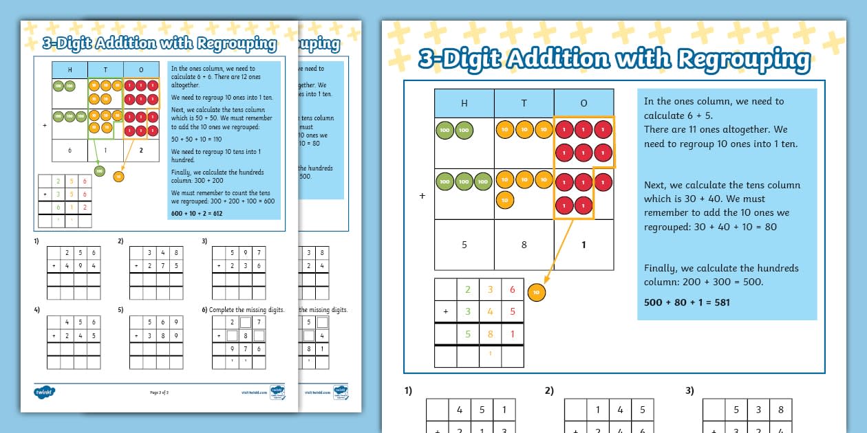 👉 3-Digit Addition with Regrouping Practice Activity Sheets