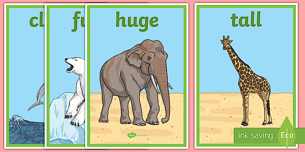 Editable Zoo Animals Adjectives Display Posters - Twinkl