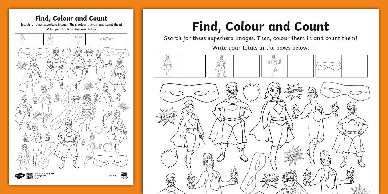 👉 Superhero Find, Colour and Count (teacher made)
