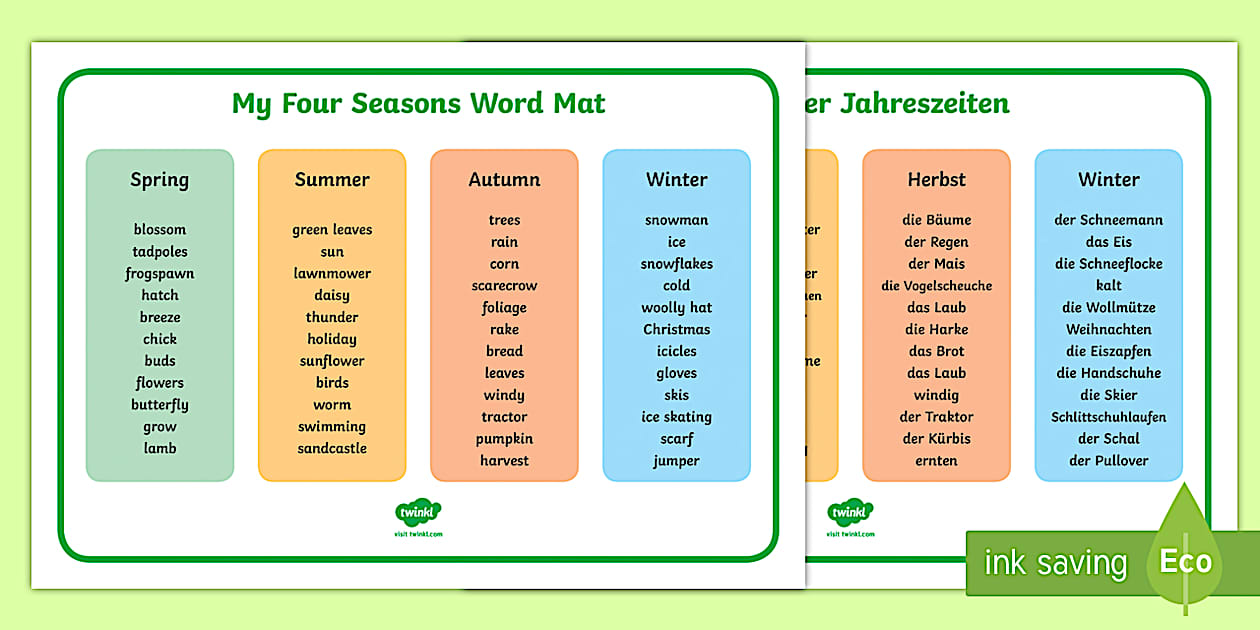 Four Seasons Word Mats - Four Seasons Word Mats - Twinkl