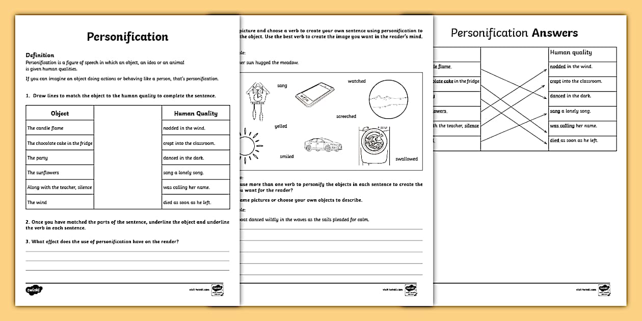Personification Practice Worksheet for 6th-8th Grade