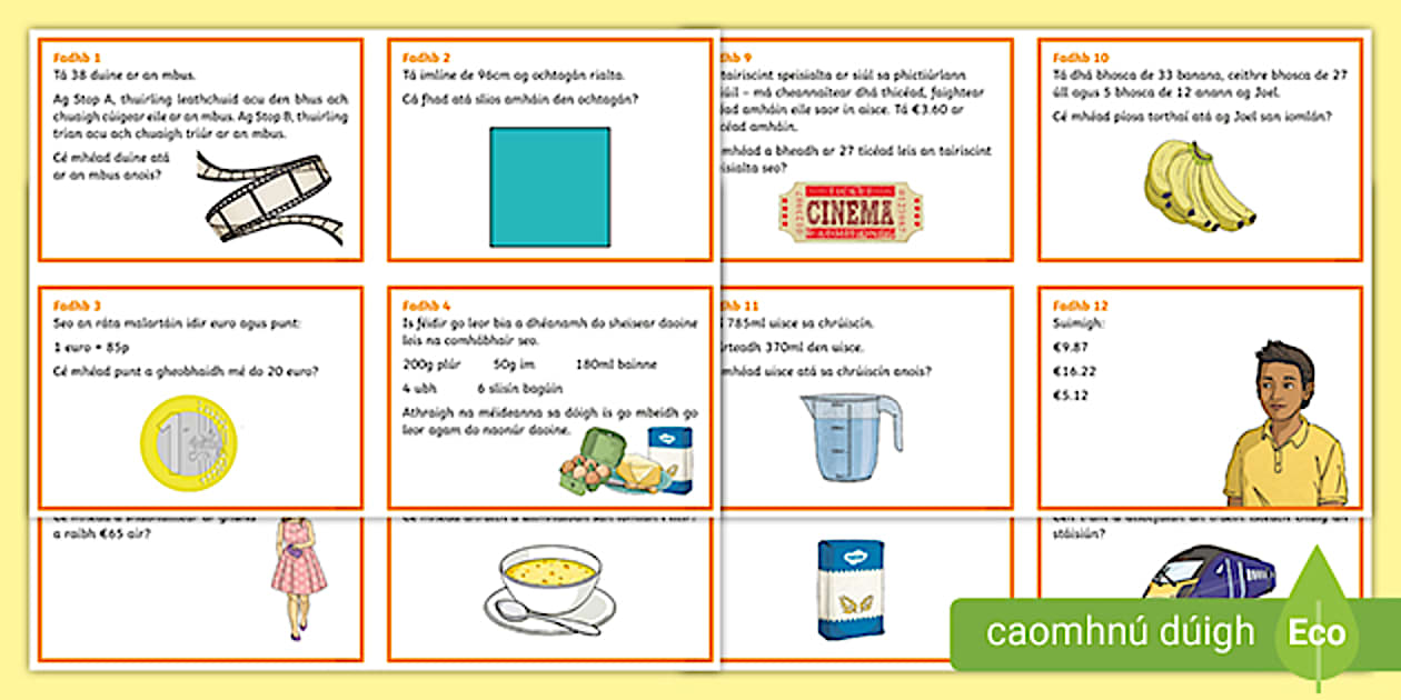 Maths Problem Cards 5th Class Gaeilge (teacher made)