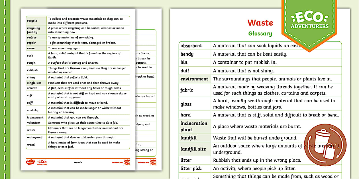 Year 1 Waste: Key Vocabulary Glossary (Teacher-Made)