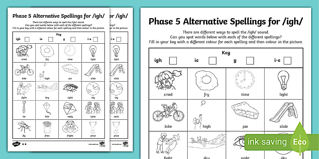 Phase 5 Colour by Spelling 'igh' 'ie' 'y' and 'i_e' Activity