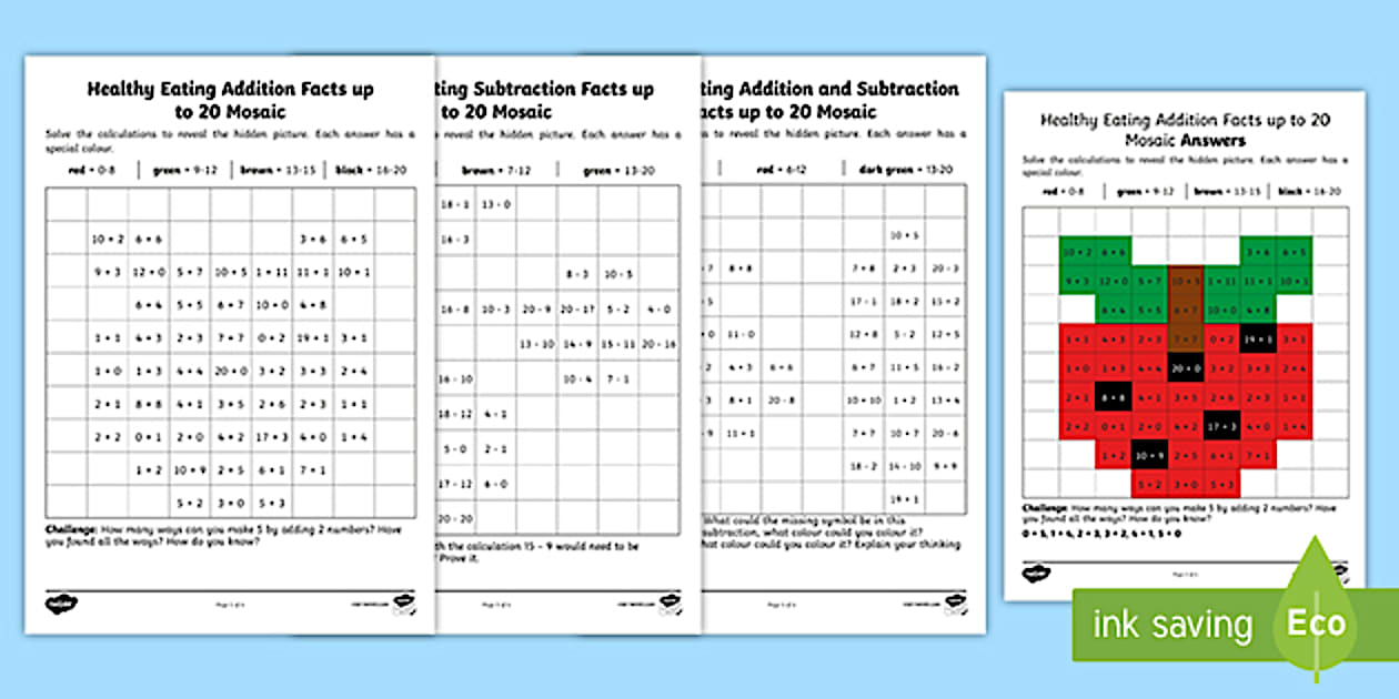 KS1 Healthy Eating Addition and Subtraction Facts up to 20 Maths Mosaic