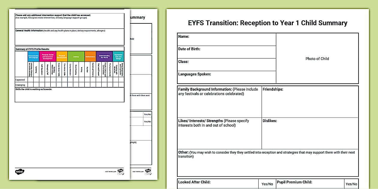 EYFS Transition Reception to Year 1 Child Summary Sheet
