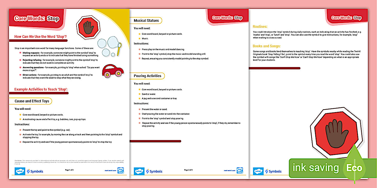 Twinkl Symbols: Core Words Activity Pack - Stop - Twinkl