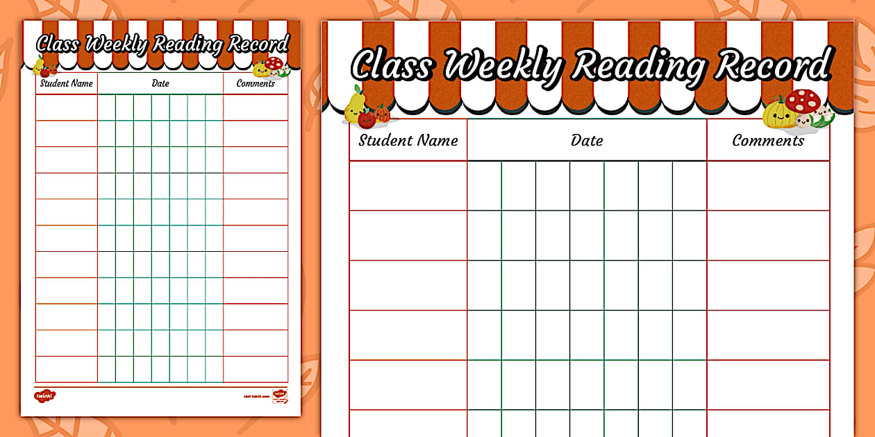 Autumn Market Themed Class Reading Record Checklist - Twinkl