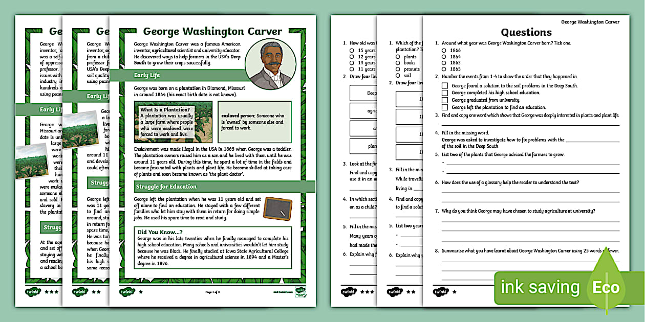 UKS2 George Washington Carver Reading Comprehension Activity