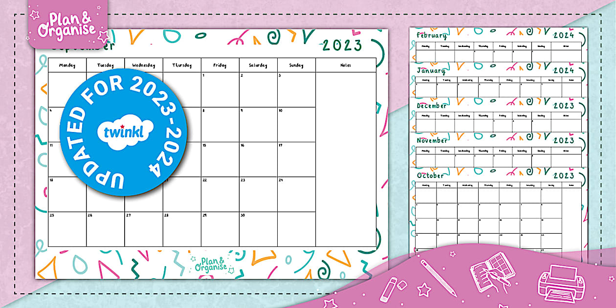 Confetti | Month at a Glance Calendar | 2023-2024 - Twinkl
