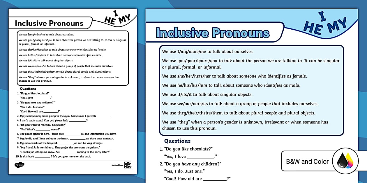 Sixth Grade Inclusive Pronoun Worksheet (teacher made)