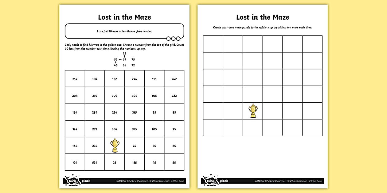 Finding 10 More or Less Lost in the Maze Worksheet / Worksheet