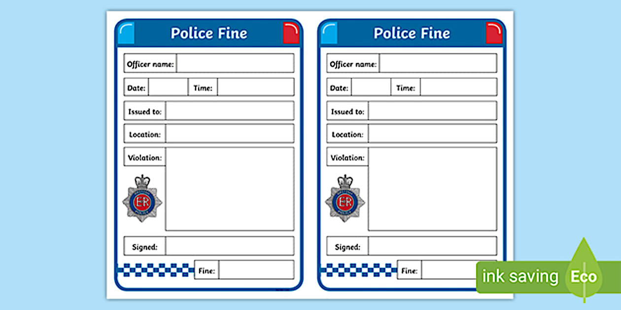Police Fine Form Cards (teacher made) - Twinkl
