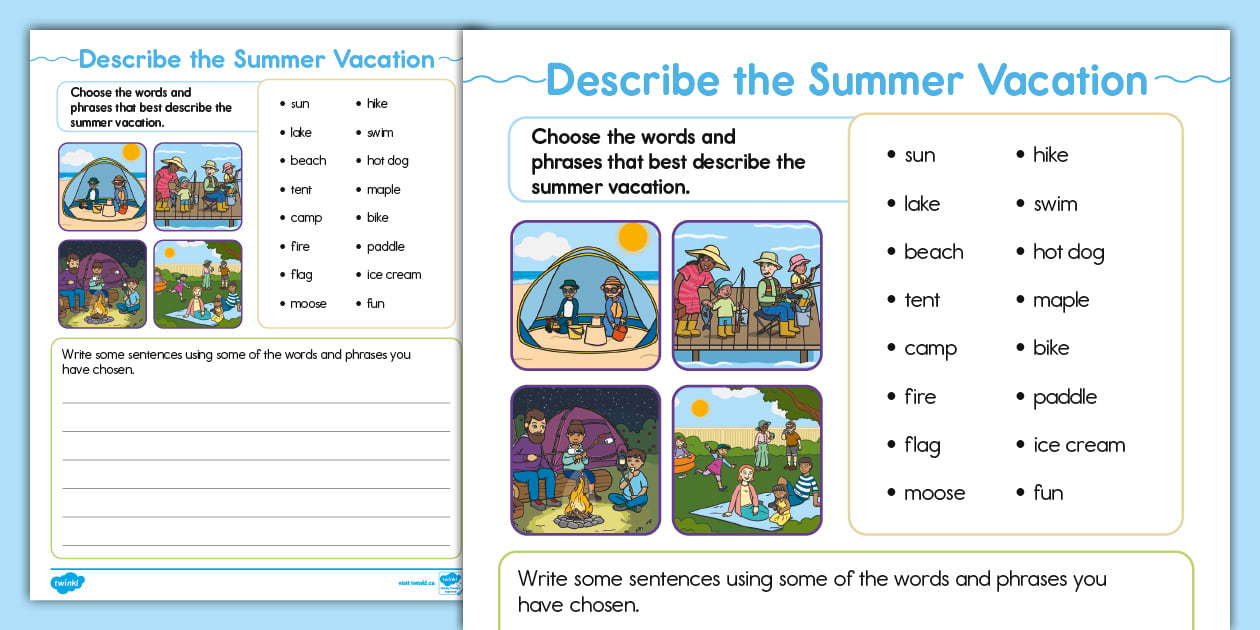 Summer Vacation Describe the Picture Worksheet - Twinkl