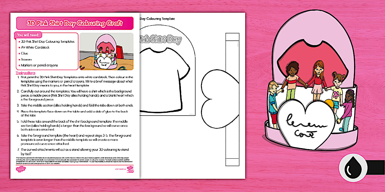 3D Pink Shirt Day Colouring Craft (teacher made) - Twinkl