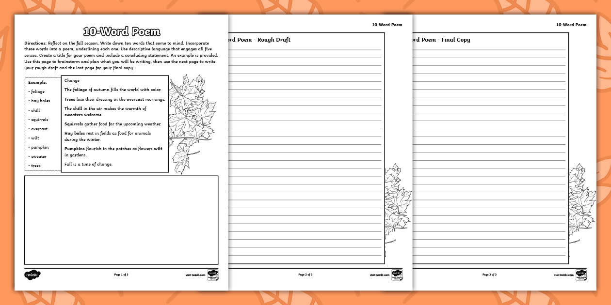 Eighth Grade Fall Writing: 10-Word Poem - Twinkl