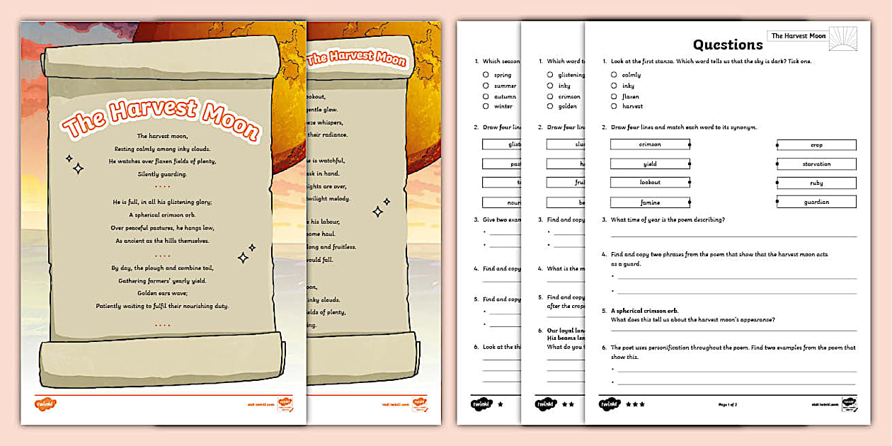 KS2 Harvest Moon Poem Differentiated Reading Comprehension