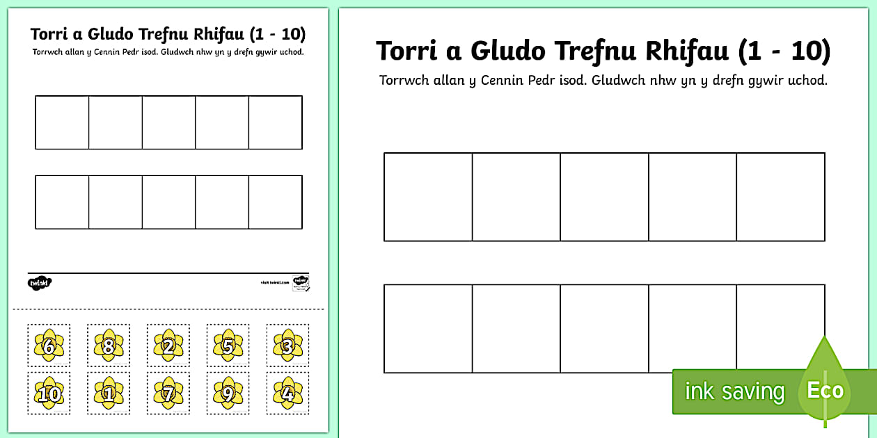 Black and White Cut and Stick Number Ordering Daffodil Activity 1-10 Welsh