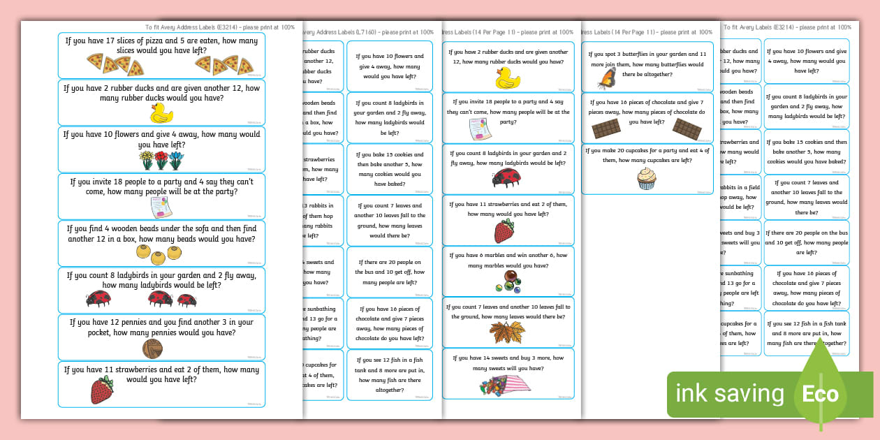 👉 Addition and Subtraction to 20: Word Problem Labels